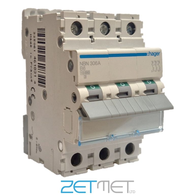 Hager NBN306A 6 Amp Type B Triple Pole 400V 10kA Miniature Circuit Breaker MCB